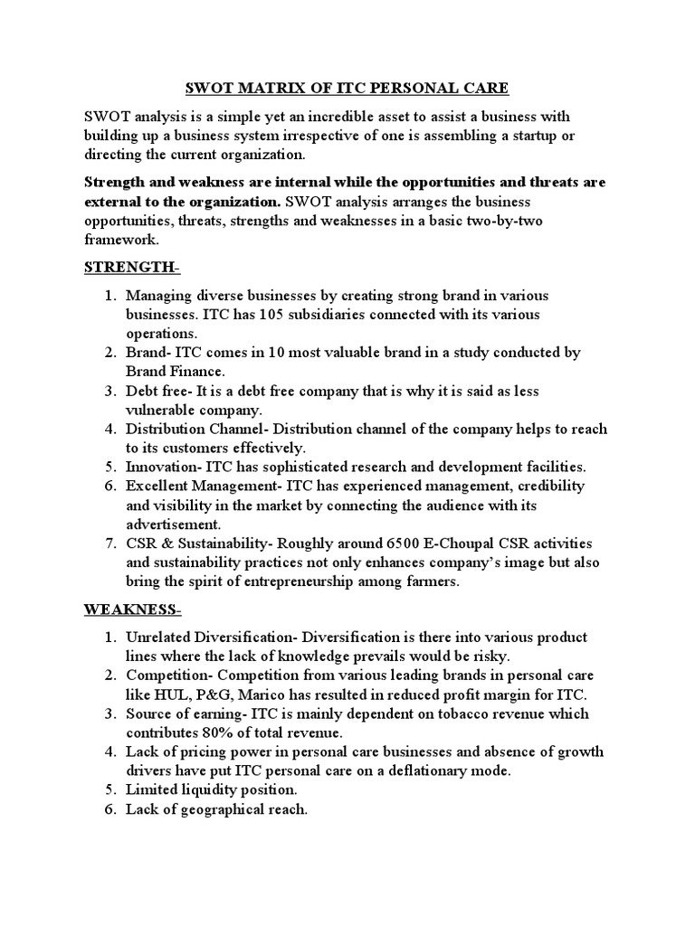 Swot Matrix Itc | PDF | Swot Analysis | Mergers And Acquisitions