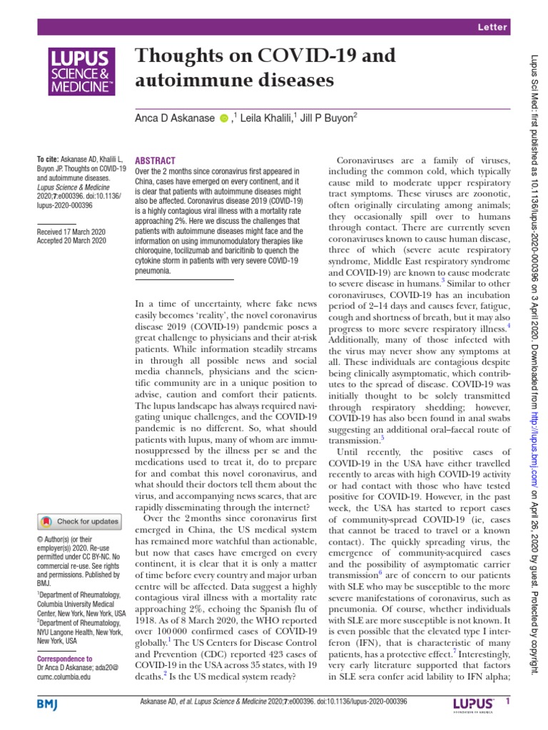 Thoughts On COVID-19 and Autoimmune Diseases: Anca D Askanase, Leila ...