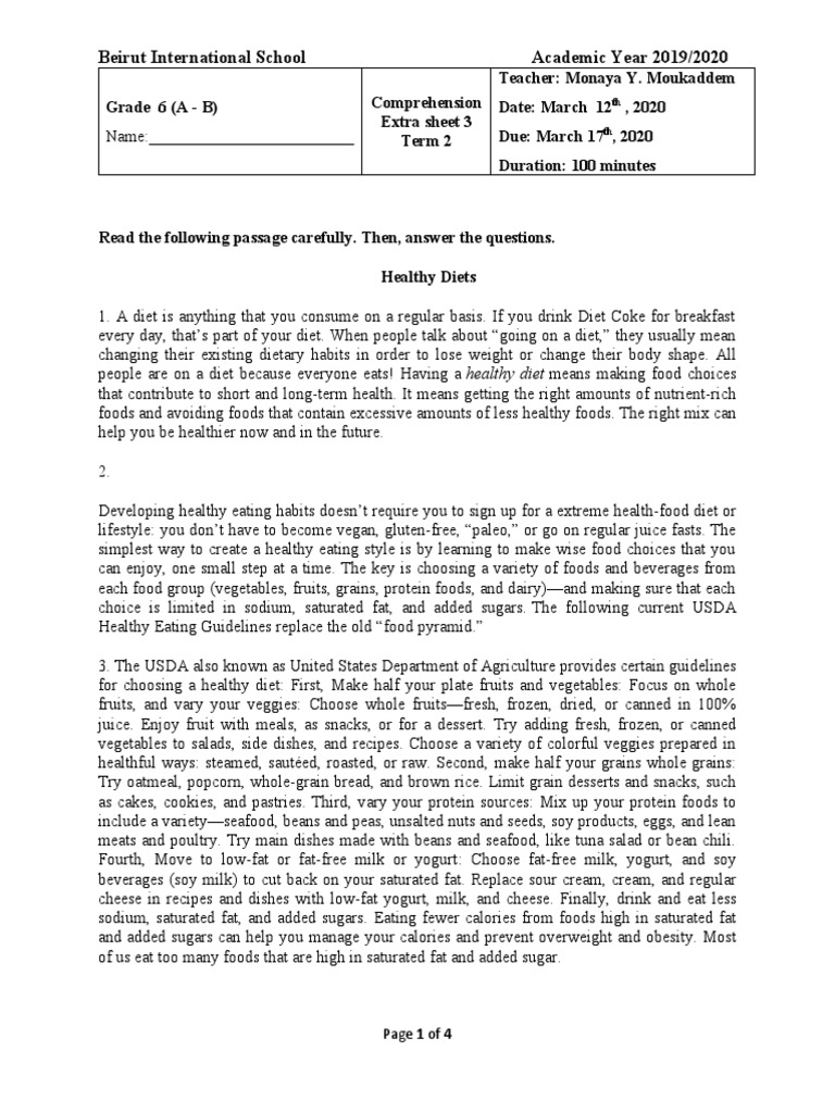 G6 English Worksheet 3 | PDF | Healthy Diet | Diet (Nutrition)