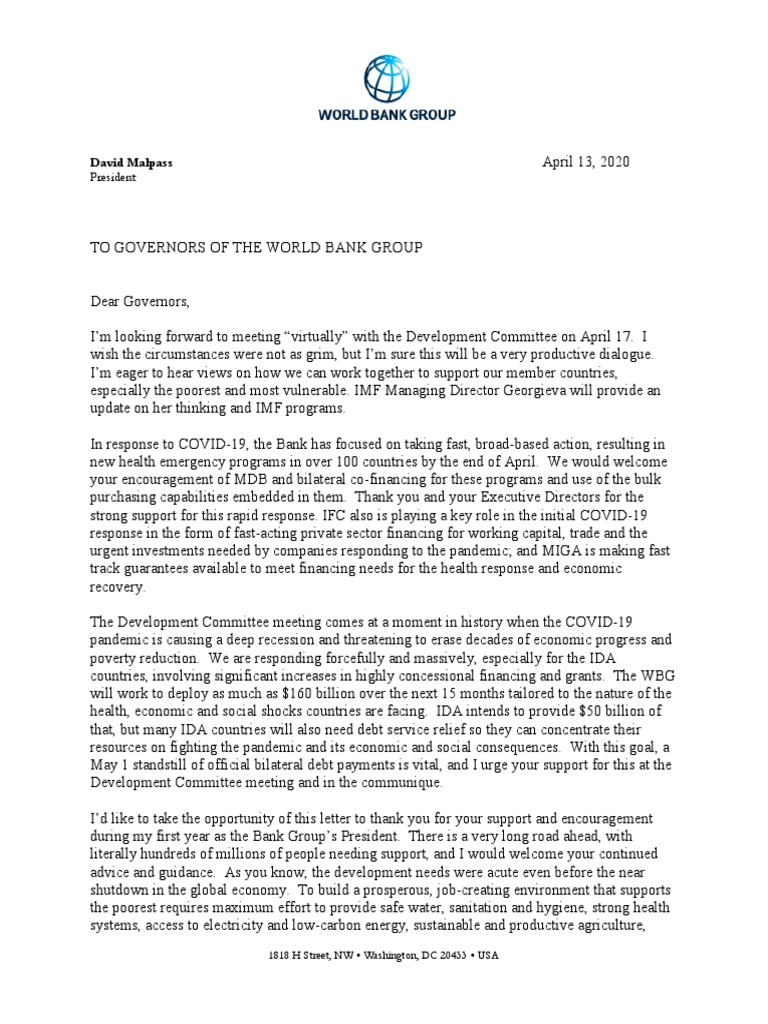 Letter To WBG Governors | PDF | World Bank Group | World Bank