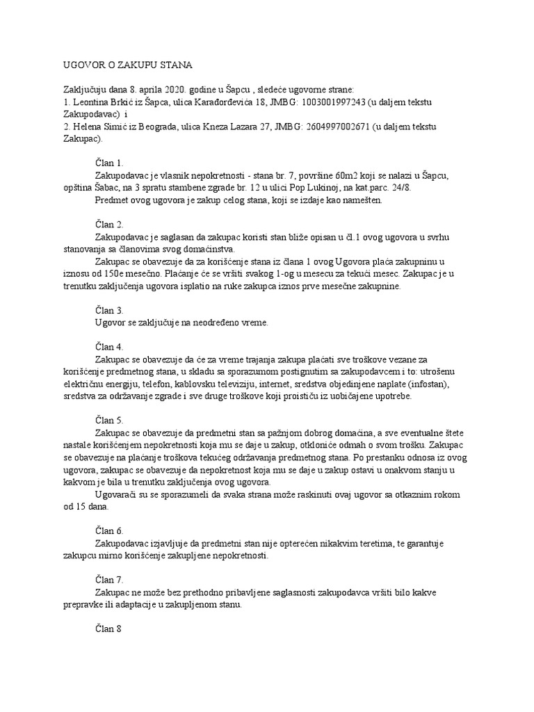 Ugovor o Zakupu Stana | PDF
