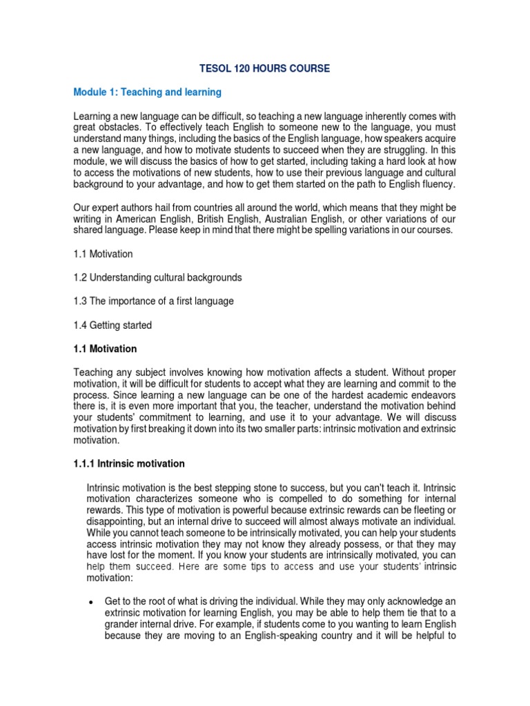 Tesol 120 Hours Course Part A | Download Free PDF | Adverb | Motivation