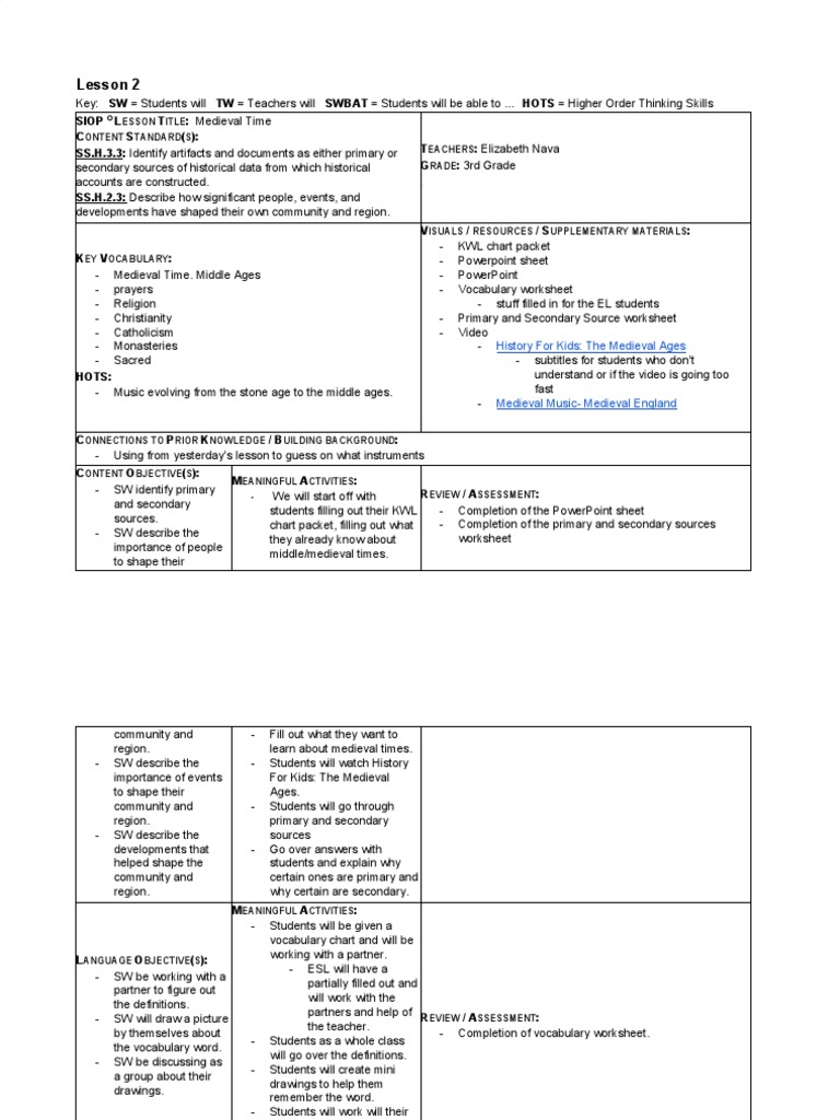 Siop Template 4 Lesson 2 | PDF | Worksheet | Religion And Belief