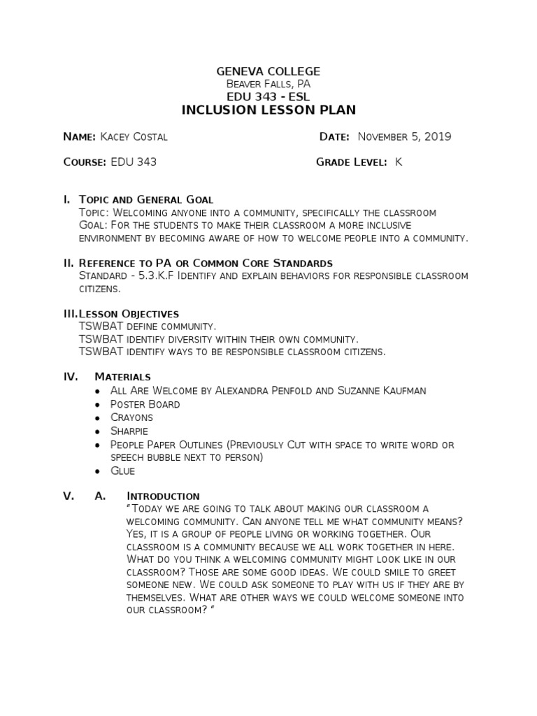 Inclusion Lesson Plan: B F, Pa | PDF | Inclusion (Education) | Classroom