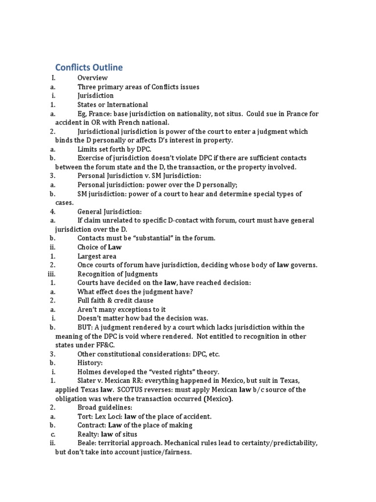 Conflicts Outline | PDF | Choice Of Law | Domicile (Law)