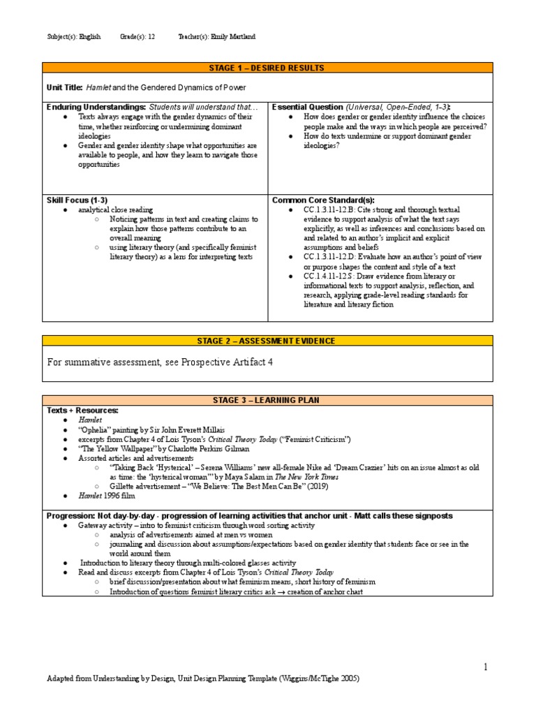 Unit Plan | PDF | Hamlet | Gender