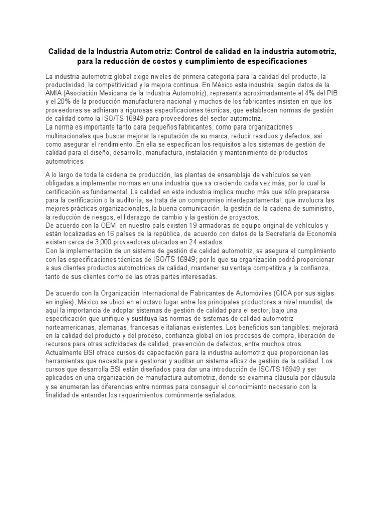 Calidad de La Industria Automotriz | PDF | Industria automotriz ...