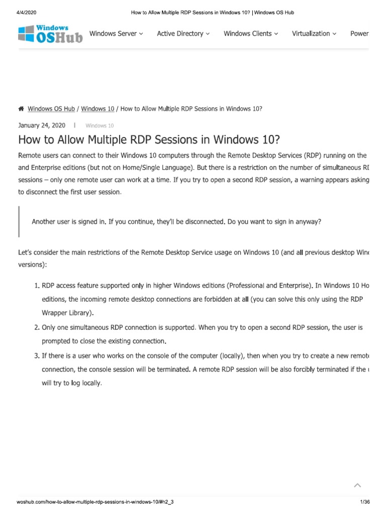 How To Allow Multiple RDP Sessions in Windows 10 - Windows OS Hub PDF | PDF