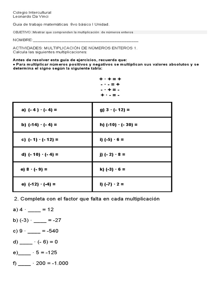Guía de Multiplicación para 8vo Básico | PDF