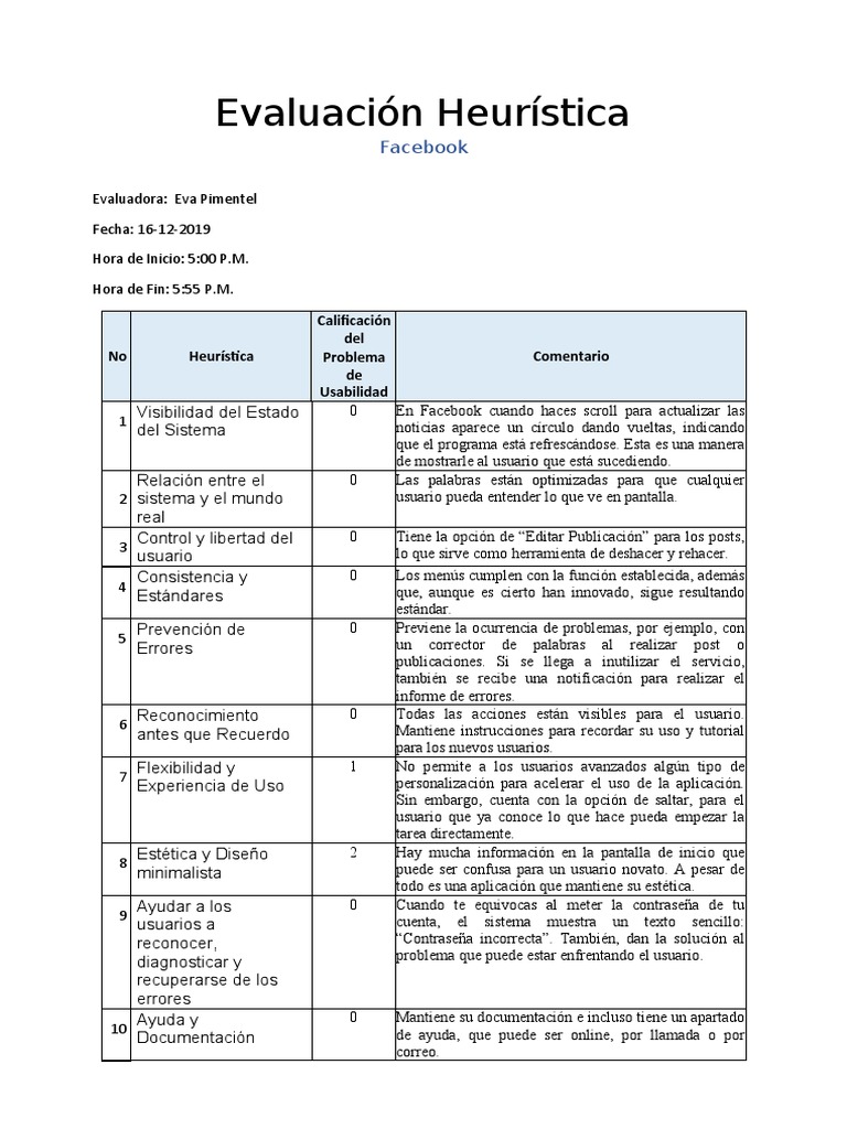 Evaluación Heurística Facebook Pdf Usuario Informática Heurístico