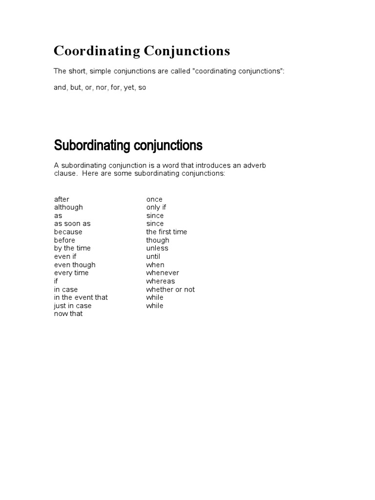 List of Coordinating and Subordinating Conjunctions | PDF