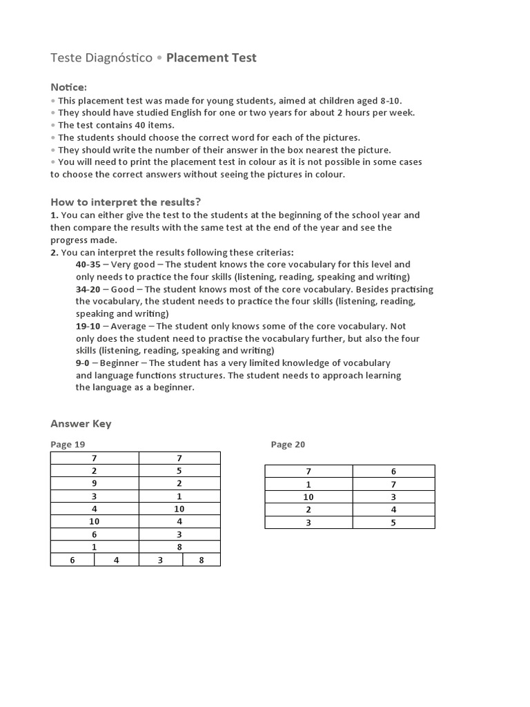 Teste Diagnóstico: Placement Test | PDF | Vocabulary | Psycholinguistics