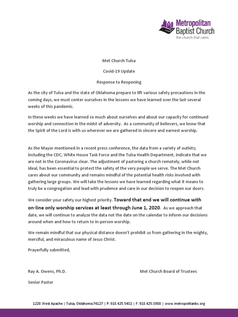 Met Church Tulsa Covid-19 Reopening Update | PDF