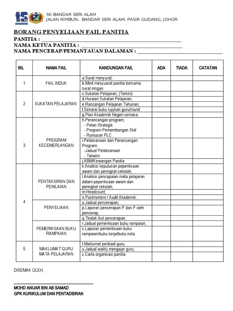Jadual Penyeliaan Fail Panitia | PDF