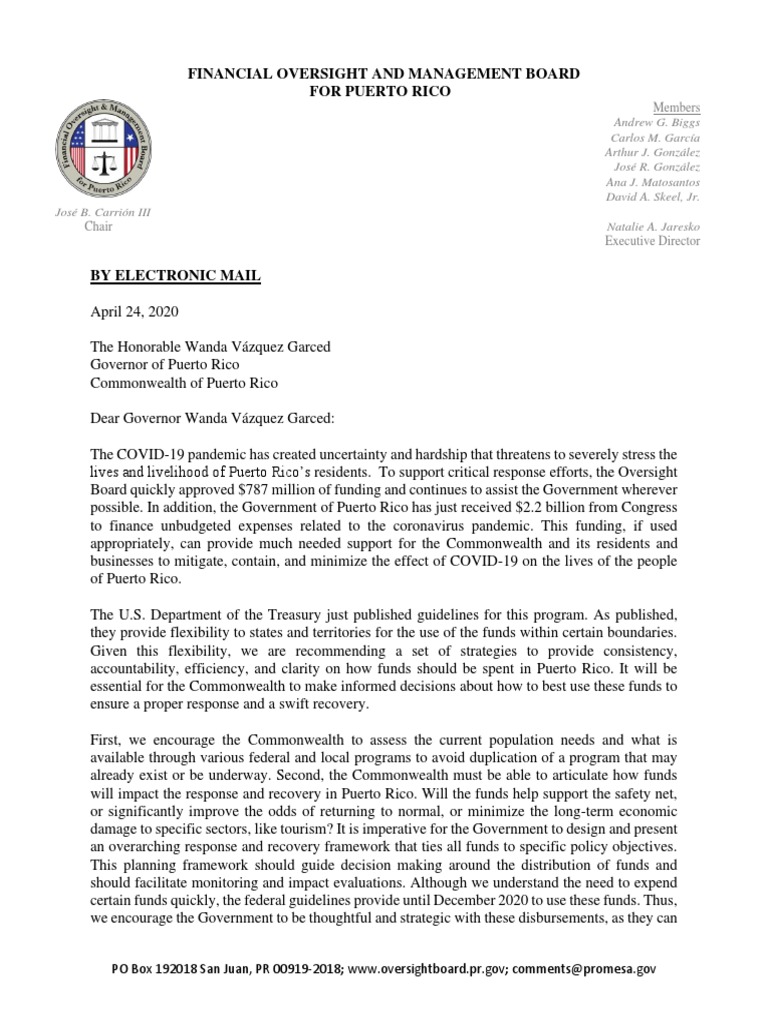 FOMB - Letter - Governor Vazquez Garced - COVID 19 Federal Funding ...