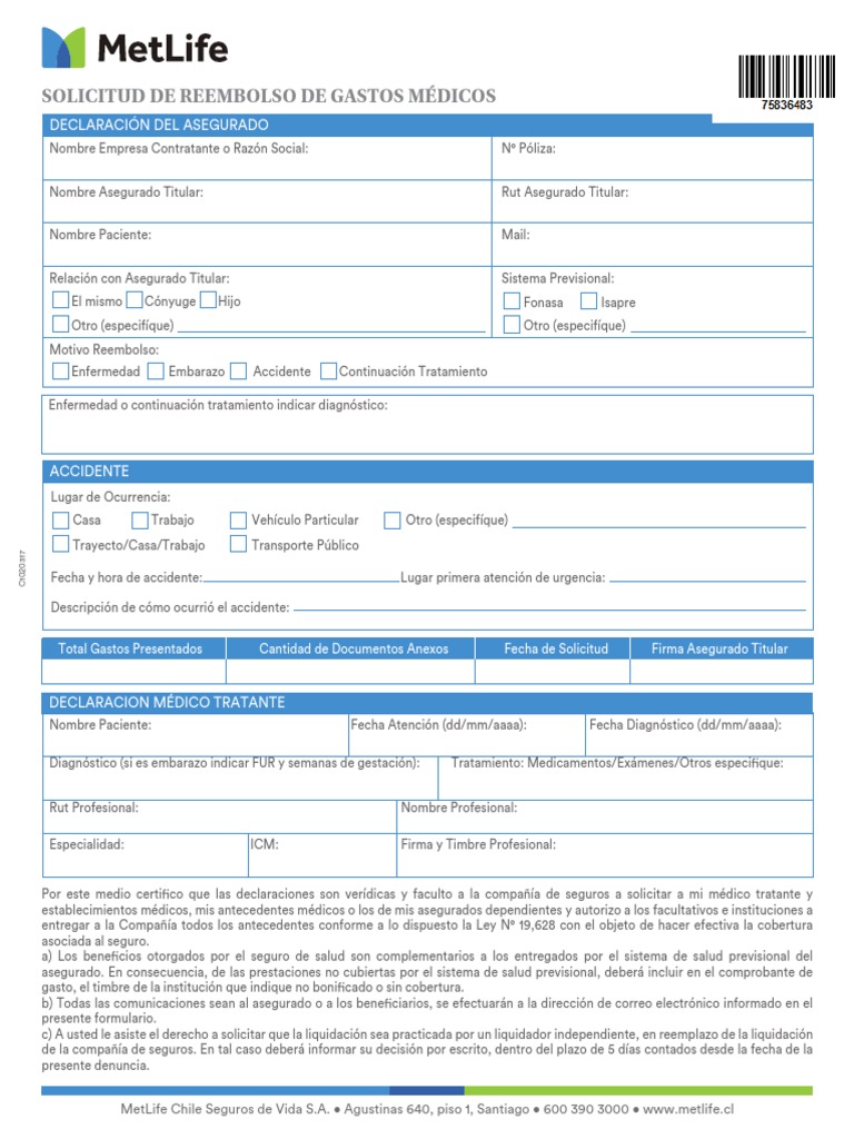 Formulario METLIFE GASTOS MEDICOS | PDF | Póliza de seguros | Seguro