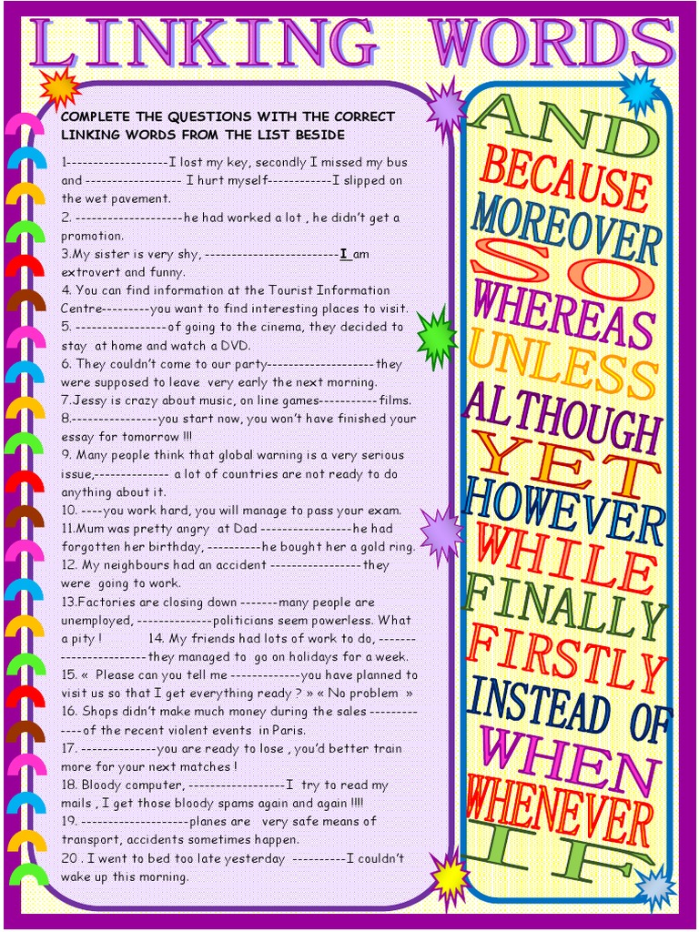 Complete The Questions With The Correct Linking Words From The List ...