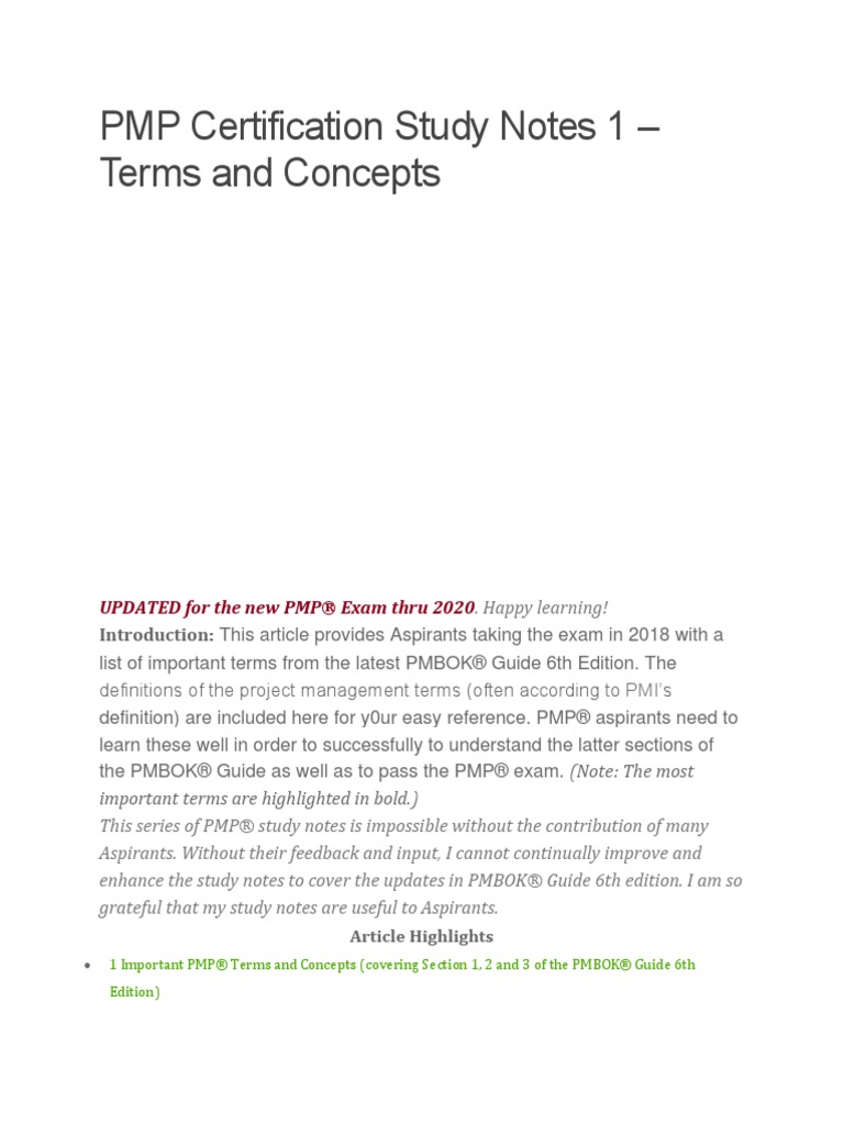 PMP Certification Study Notes 1 – Terms and Concepts: UPDATED for the ...