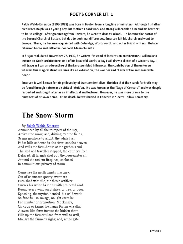 The Snow-Storm: Poet'S Corner Lit. 1 | PDF | Ralph Waldo Emerson | Poetry