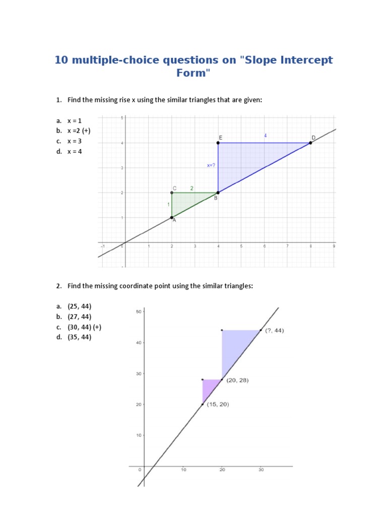 10 Multiple-Choice Questions On "Slope Intercept Form" | PDF