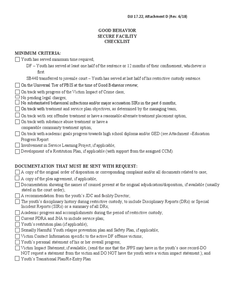 Good Behavior Secure Facility Checklist Minimum Criteria | PDF | Crime ...