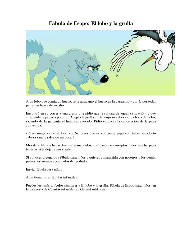 Fábula de Esopo El Lobo y La Grulla, El Asno y El Caballo | PDF