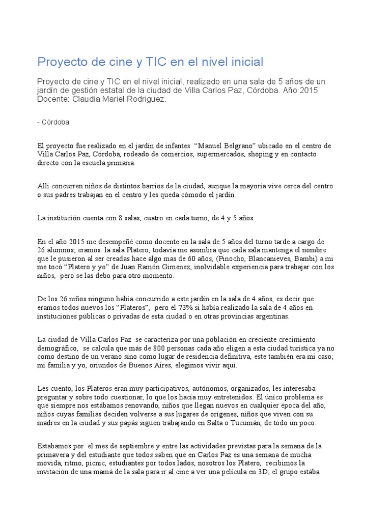 Proyecto de Cine y TIC en El Nivel Inicial | PDF | Ligero | Suspense ...