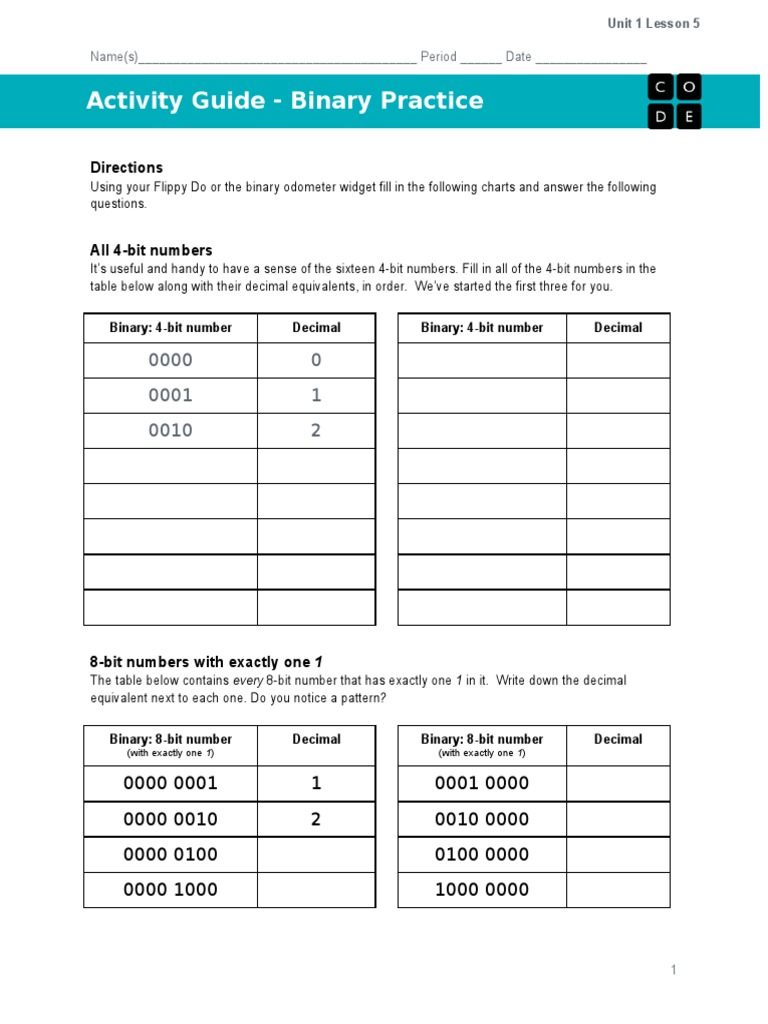 U1L05 Activity Guide - Binary Practice v2 | PDF | Decimal | Bit
