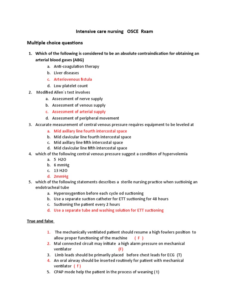Intensive Care Nursing OSCE Rxam Multiple Choice Questions | PDF ...