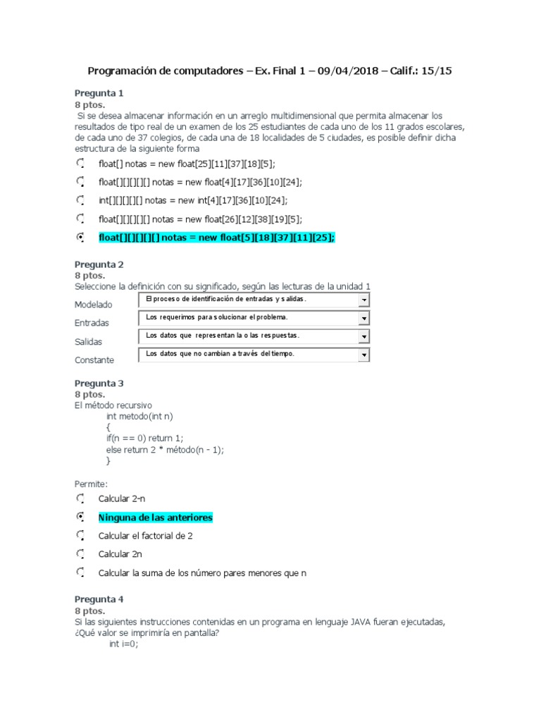 Programacion de Computadores Examen Final S8 | PDF | Lenguaje de programación | Java (lenguaje ...