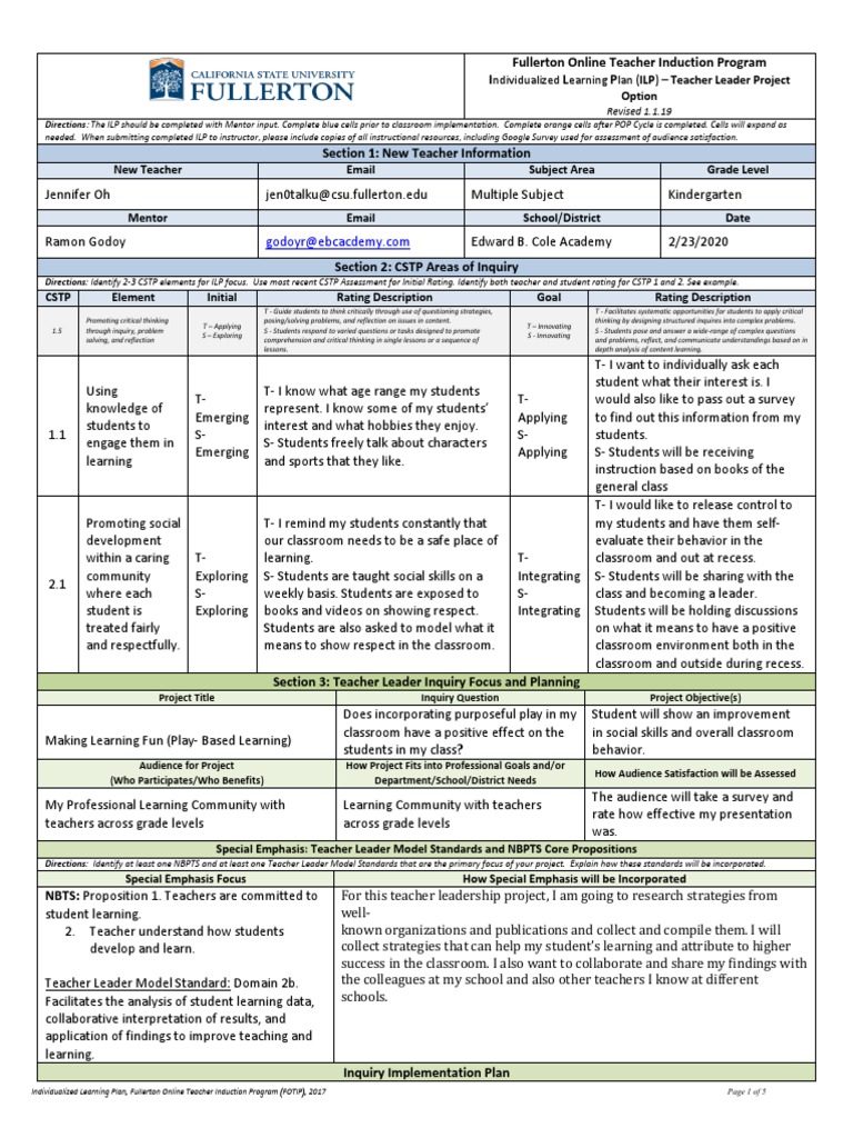 Fullerton Online Teacher Induction Program I L P: Ndividualized Earning ...