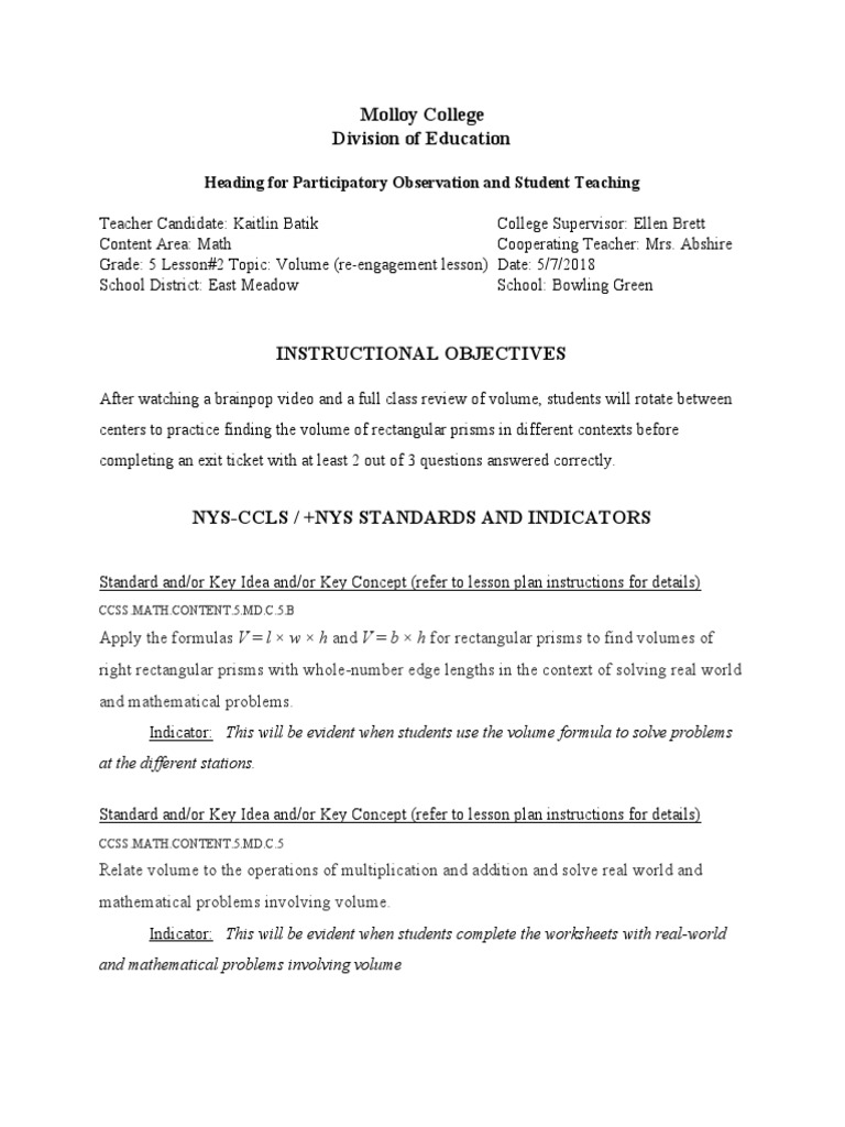 Volume Lesson | PDF | Worksheet | Lesson Plan