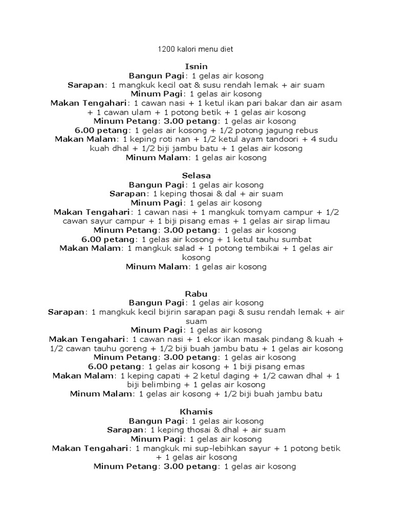 1200 Kalori Menu Diet Seminggu | PDF
