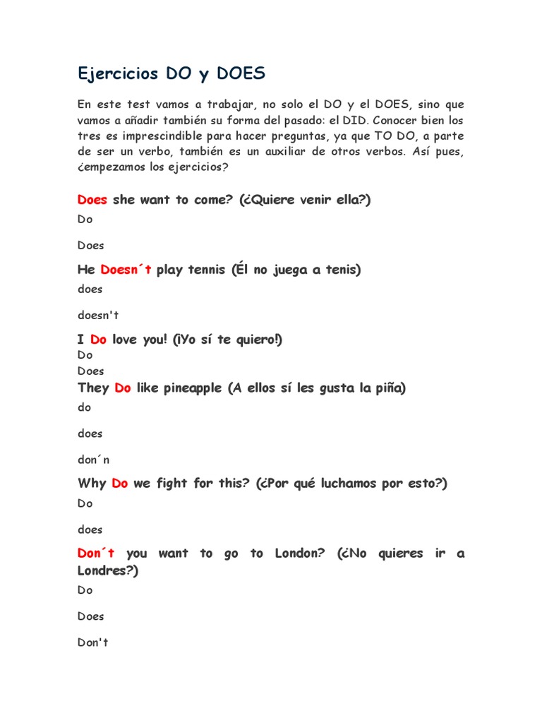 Ejercicios Do-Does - Grado 7 | PDF