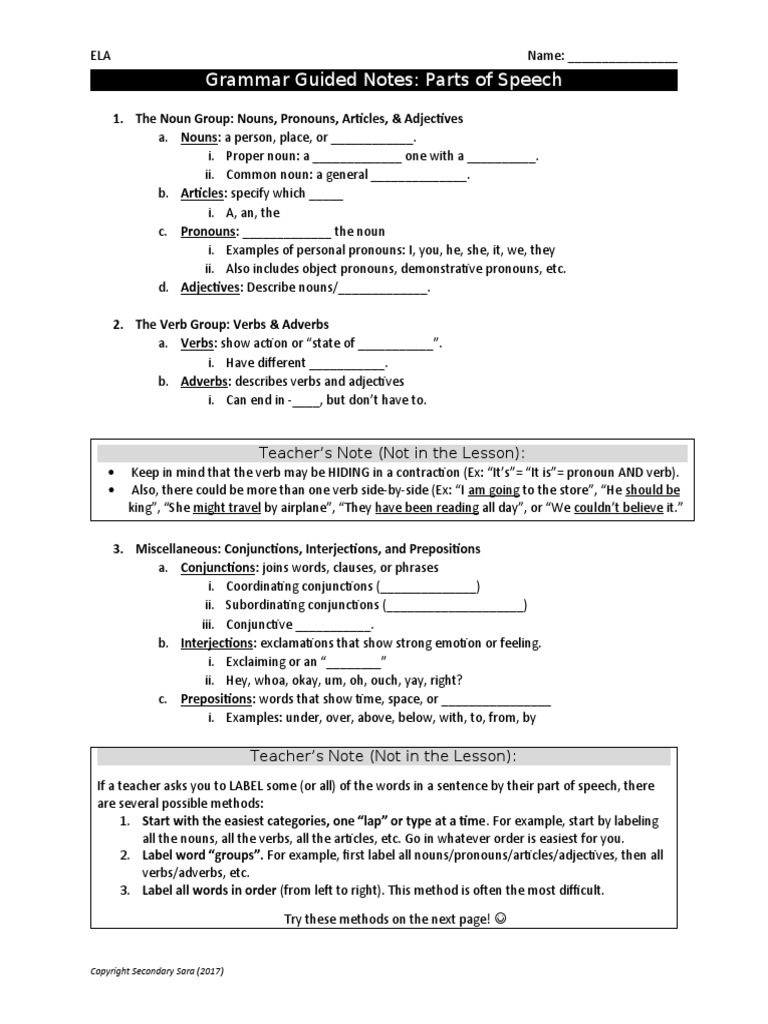 Guided Notes and Practice-Parts of Speech | PDF | Part Of Speech | Verb