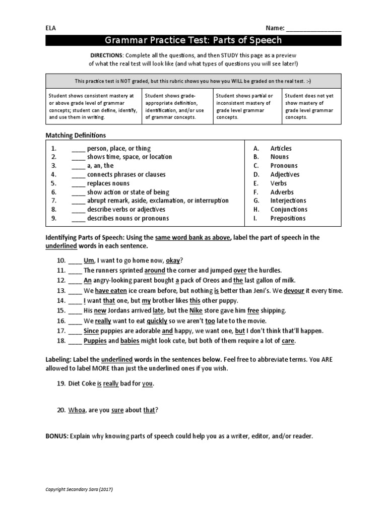 Practice Test-Parts of Speech | PDF | Part Of Speech | Noun