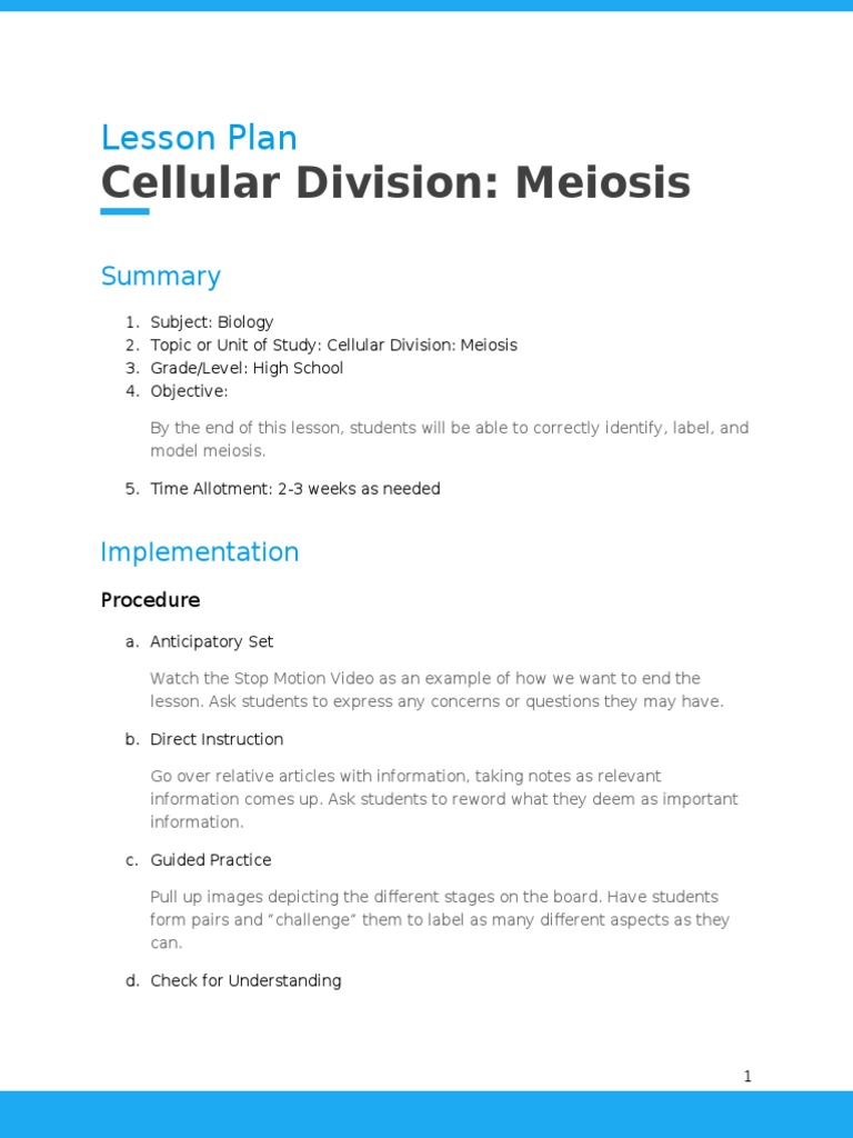 Cellular Division: Meiosis: Lesson Plan | Download Free PDF | Multiple ...
