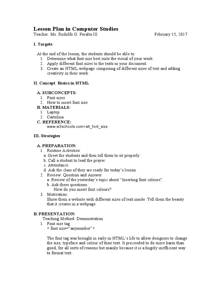 Lesson Plan in Computer Studies: I. Targets | Download Free PDF | Typefaces | Cascading Style Sheets
