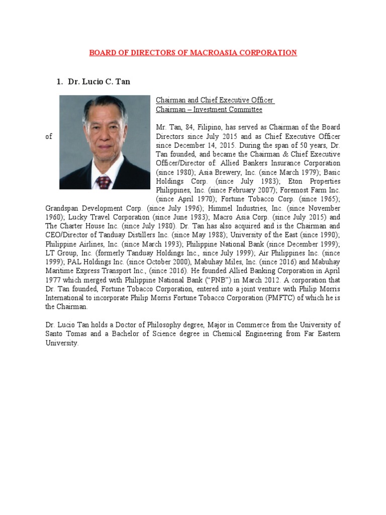 MacroAsia Corporation Board Overview | PDF | Companies | Corporate Law