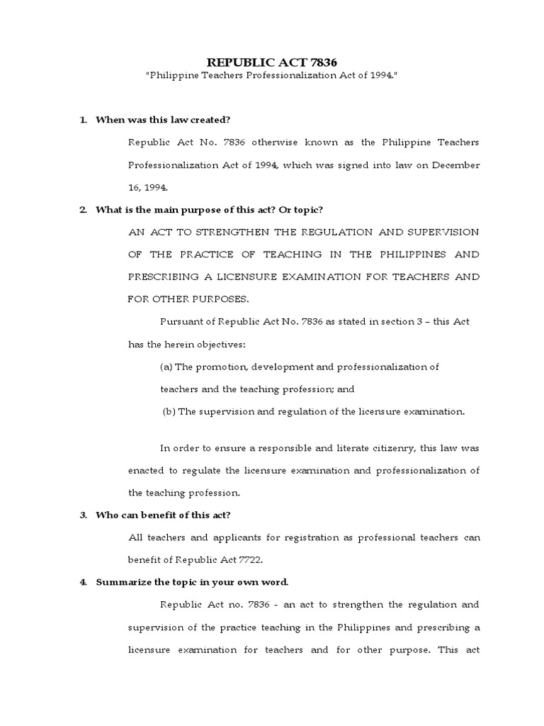 Republic Act 7836: 1. When Was This Law Created? | PDF | Licensure ...