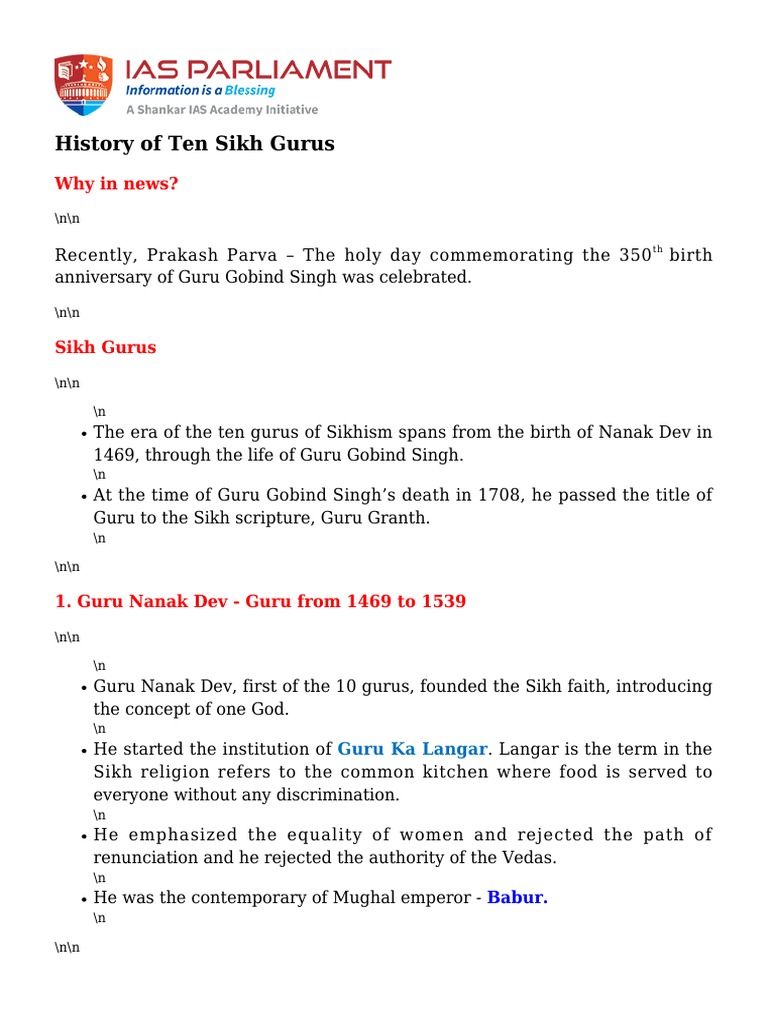History of the Ten Sikh Gurus | PDF | Guru Granth Sahib | Guru Nanak