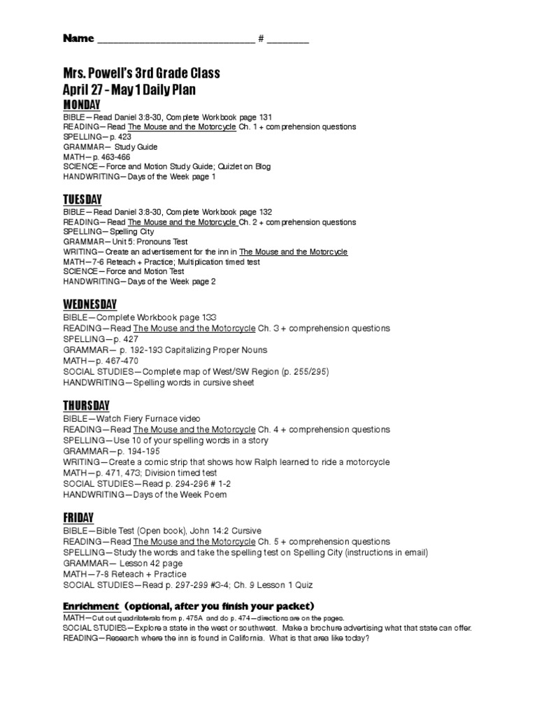 3rd Grade Weekly Lesson Plan | PDF