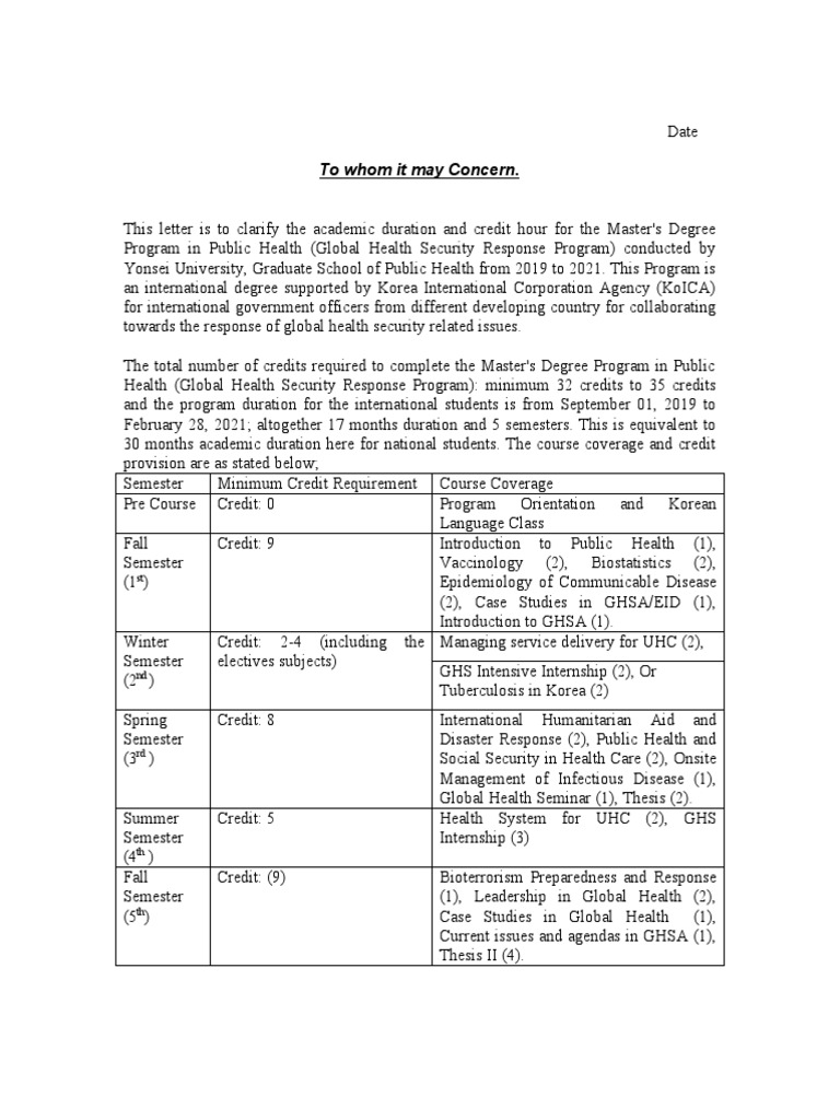 Clarification Letter | PDF | Public Health | Course Credit