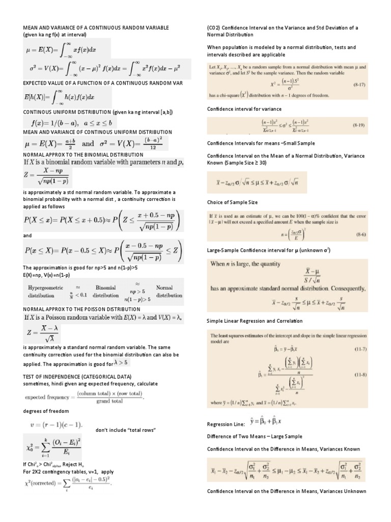 Probability and Statistics Formula Sheet | PDF | Variance | Regression ...