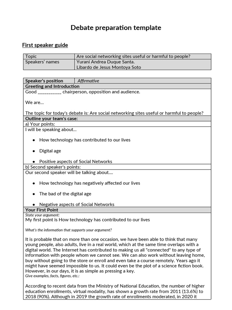 Debate Preparation Template: First Speaker Guide | PDF | Social Network ...