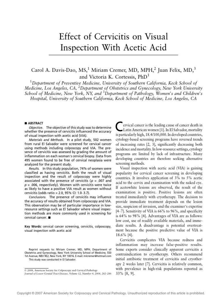 Effect of Cervicitis On Visual Inspection With Acetic Acid | PDF ...