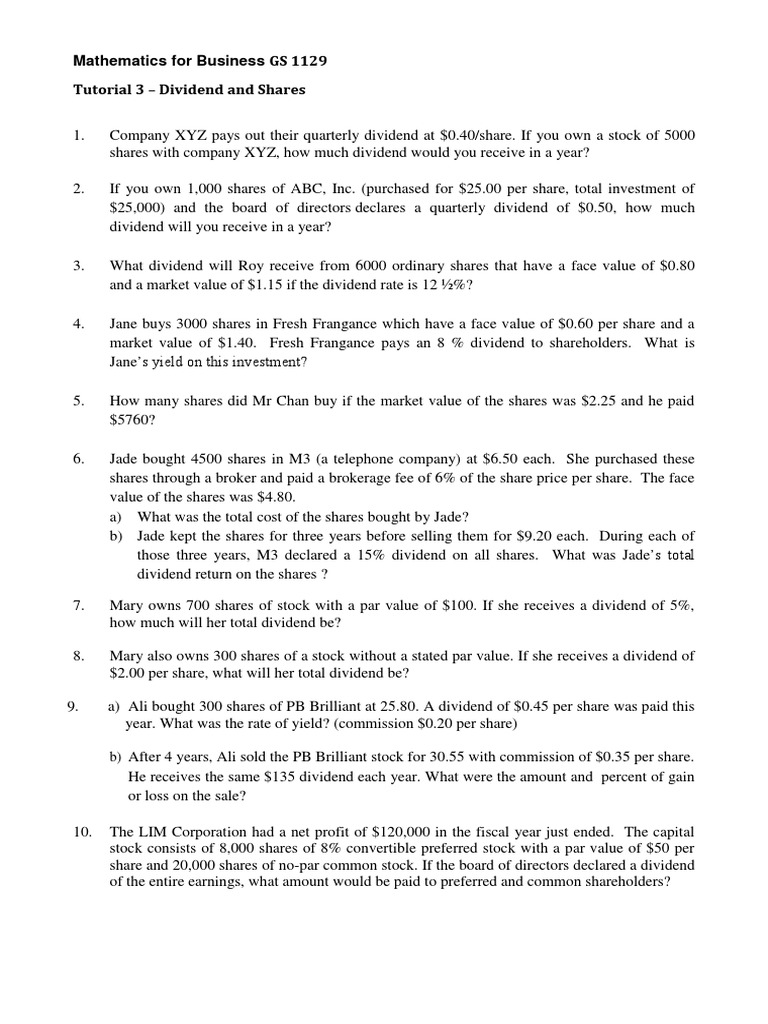 GS1129 SBS Tutorial 3 - Dividends and Shares 19 PDF | PDF | Stocks | Preferred Stock