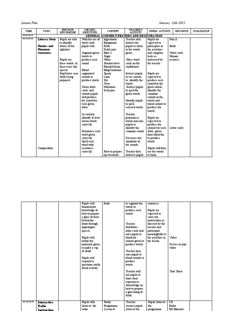 Lesson Plan January 12th 2015: General Assembly, Prayers and ...