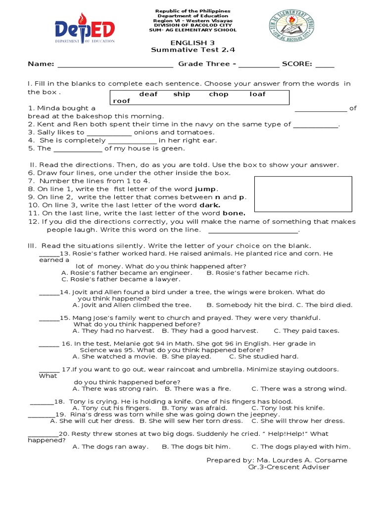 English 3 Summative Test 2.4 Name: - Grade Three - SCORE | PDF