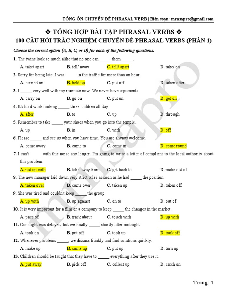 A Comprehensive Review of Phrasal Verbs: 100 Multiple Choice Questions ...